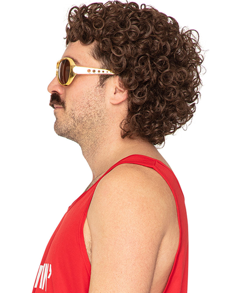 70s Stud Deluxe Perm Curly Brown Wig and Moustache