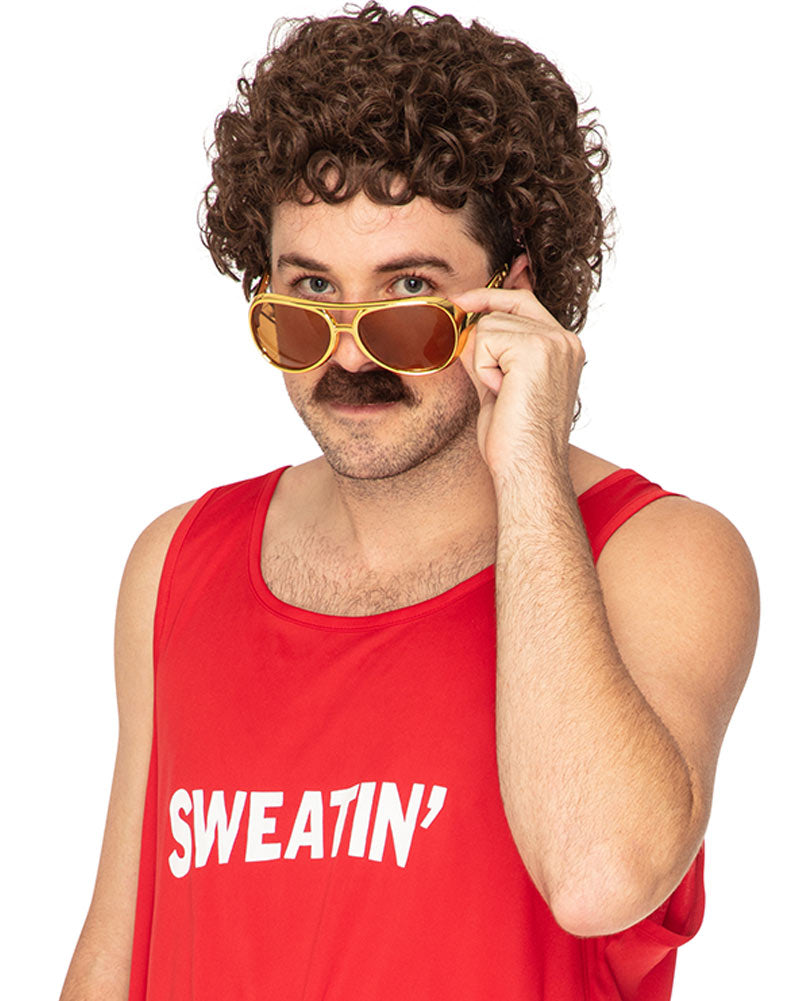 70s Stud Deluxe Perm Curly Brown Wig and Moustache