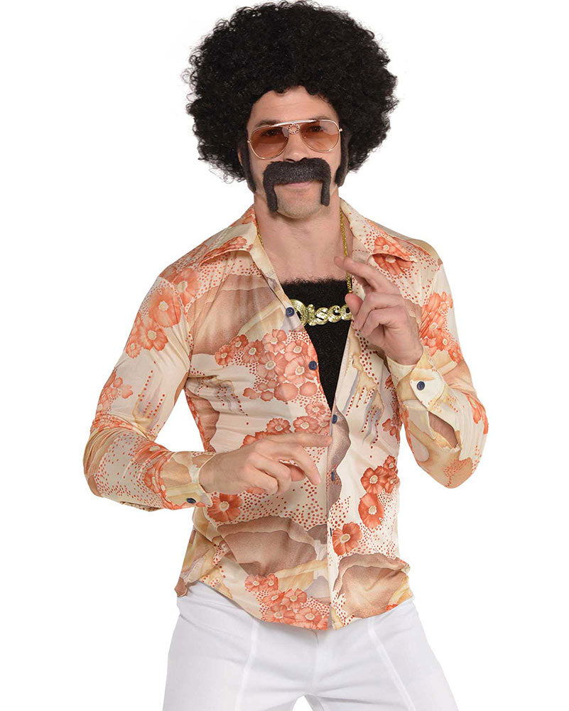 70s Disco Curly Black Wig Sideburns Moustache and Chest Hair Set