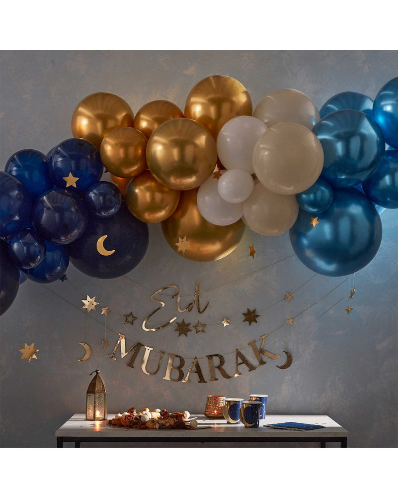 Eid Balloon Garland Mixed Chromes with Hanging Moons & Stars Navy Gold