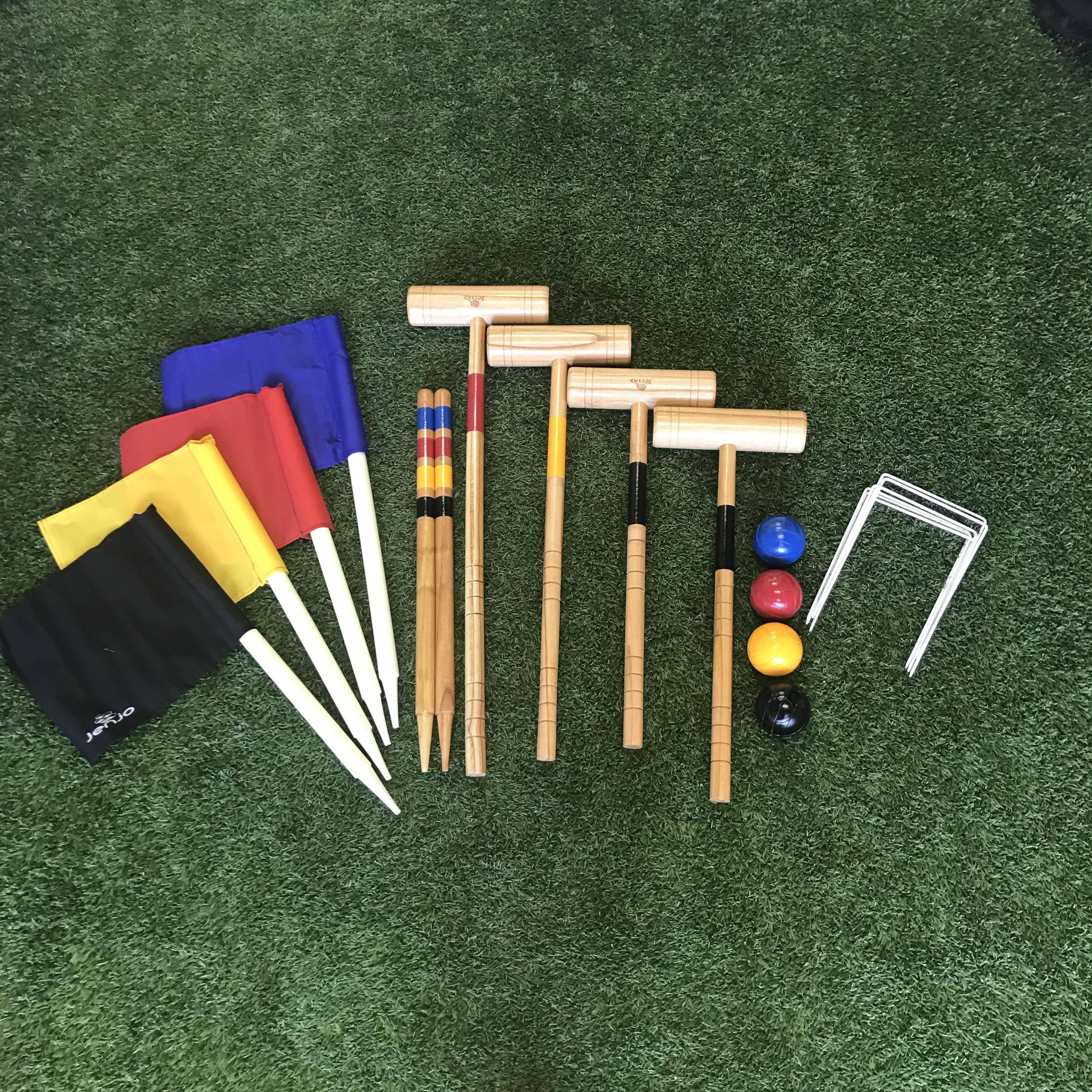 Outdoor Family Premium Wooden Croquet Ball Mallet Game 4 Player Set wi
