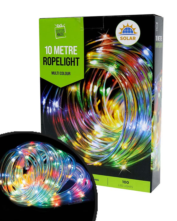 Solar Multi-Coloured Ropelight LED Christmas Lights 10m